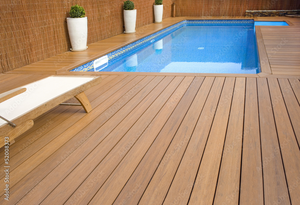 BLUE SWIMMING POOL WITH WOOD FLOORING-PISCINA MADERA COLOR Stock Photo ...