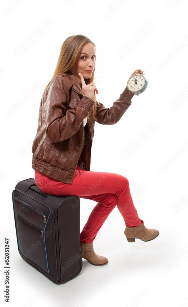 Girl sitting on suitcase, isolated on white background Stock Photo ...