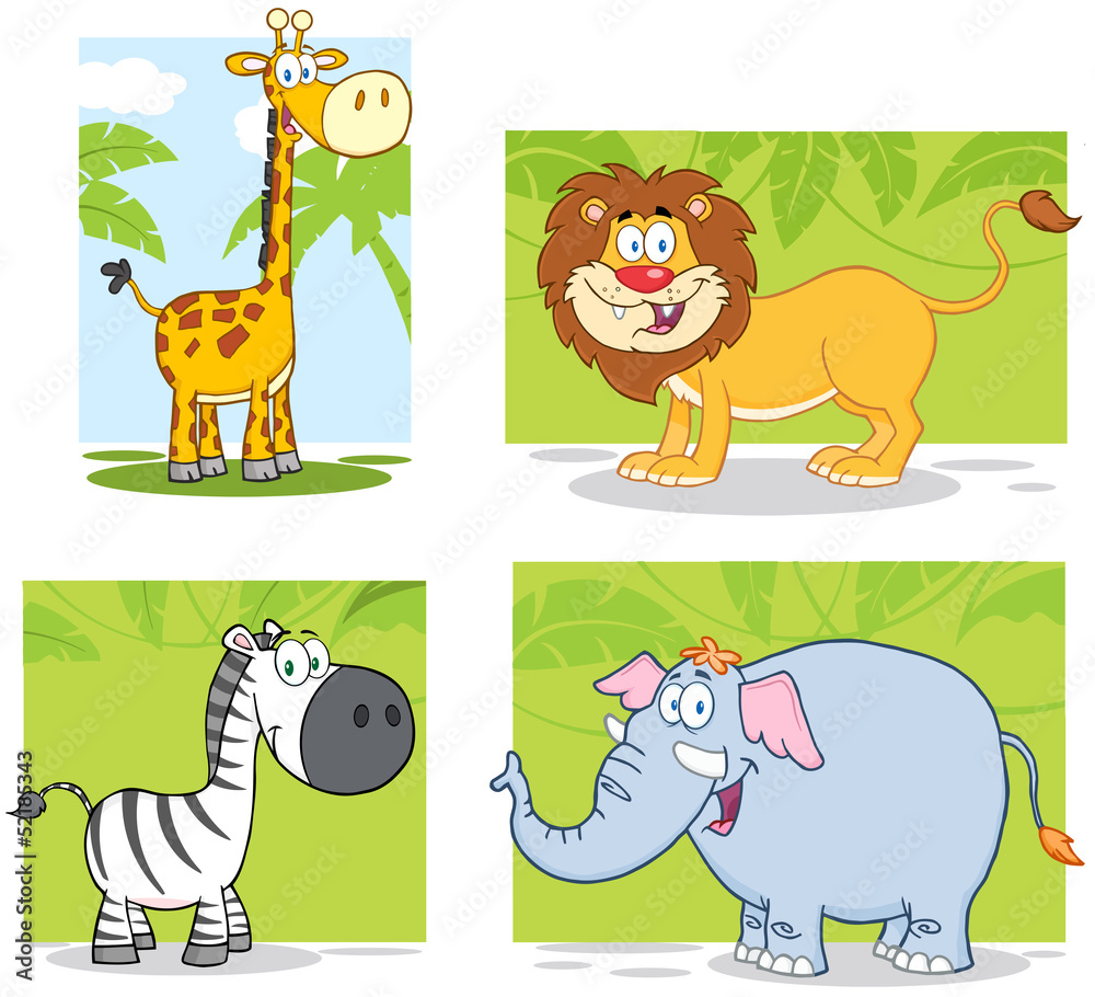 Jungle Animals Cartoon Characters With Background. Collection Stock ...