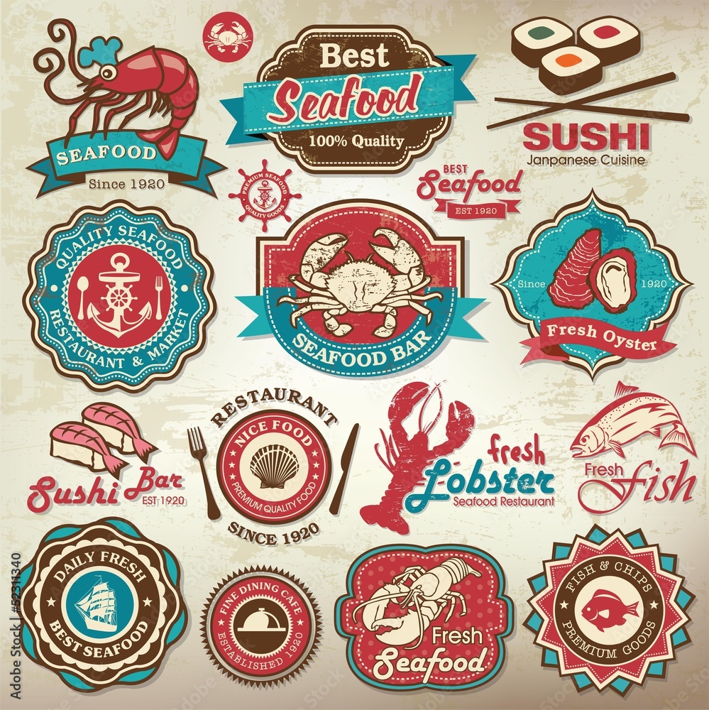 Collection of seafood restaurant labels, badges and icons Stock Vector ...