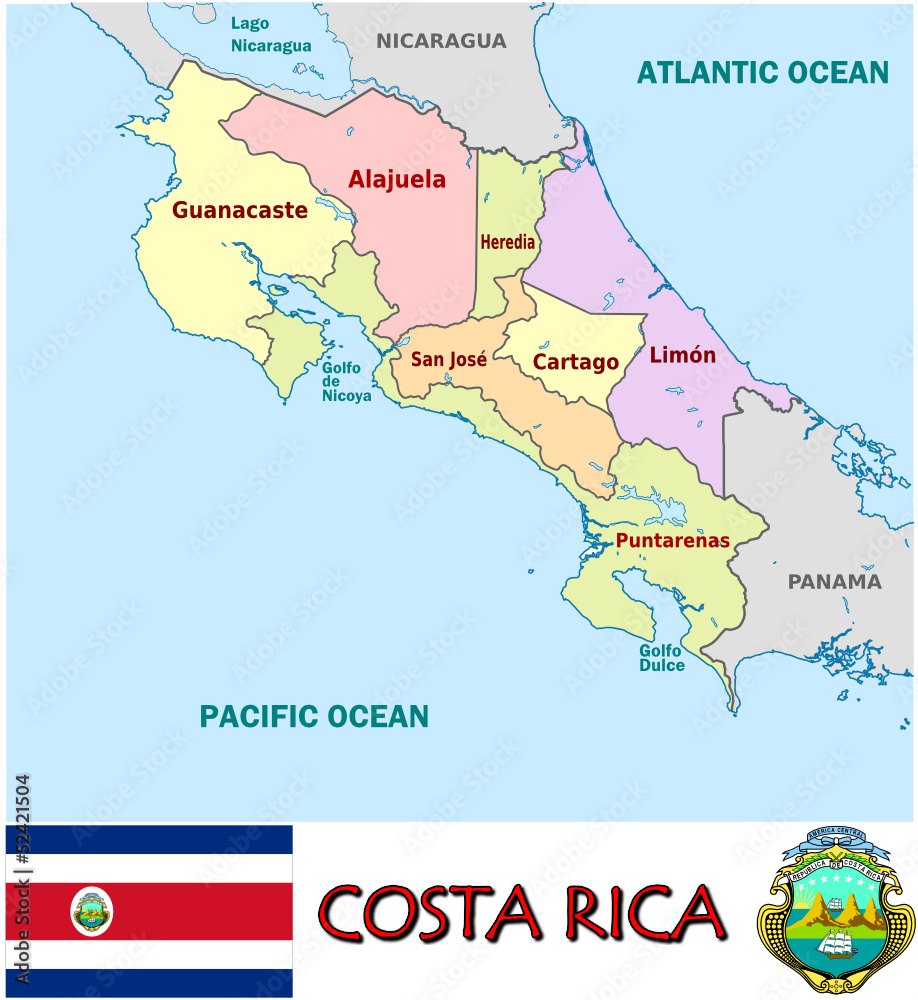 Costa Rica America emblem map symbol administrative divisions Stock ...