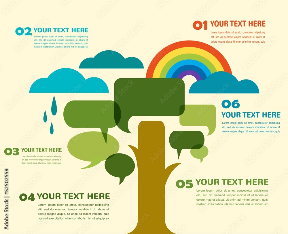 speech bubble tree with clouds and rainbow, infographics Stock Vector ...