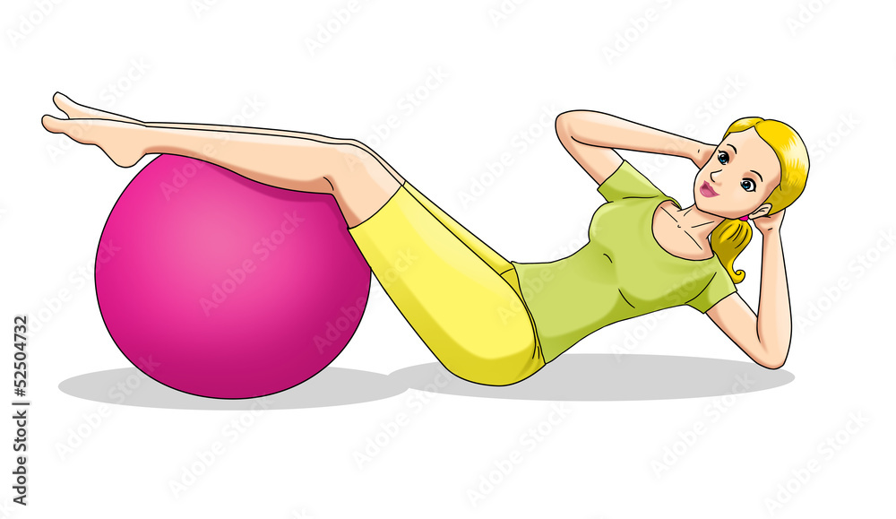 Cartoon illustration of a woman exercising using fitness ball Stock ...