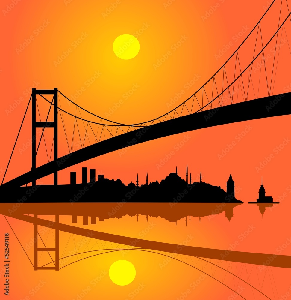 Istanbul silhouette and Bosphorus Bridge at sunset. vector illustration ...