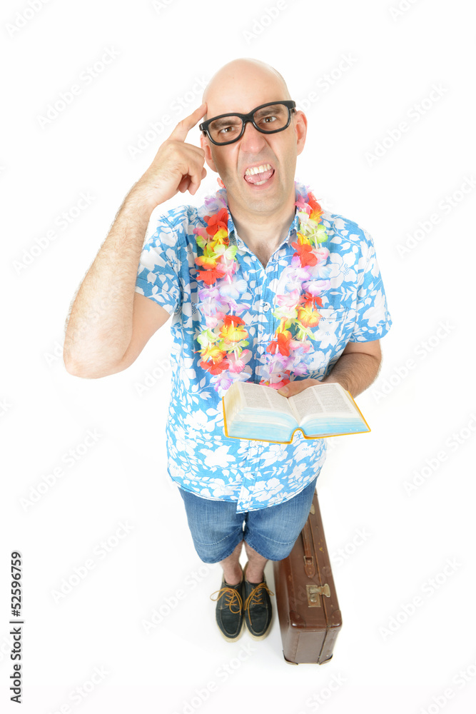 Nerd mit fragendem Blick hält Wörterbuch Stock-Foto | Adobe Stock
