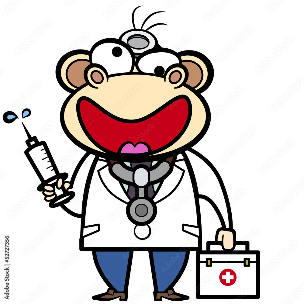cartoon monkey doctor with first aid kit and syringe Stock Vector ...