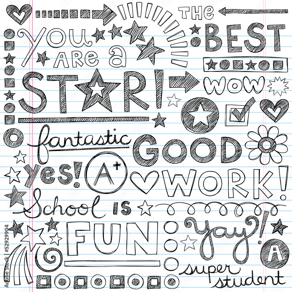 Good Work Super Student Praise Phrases Back to School Doodles Stock ...