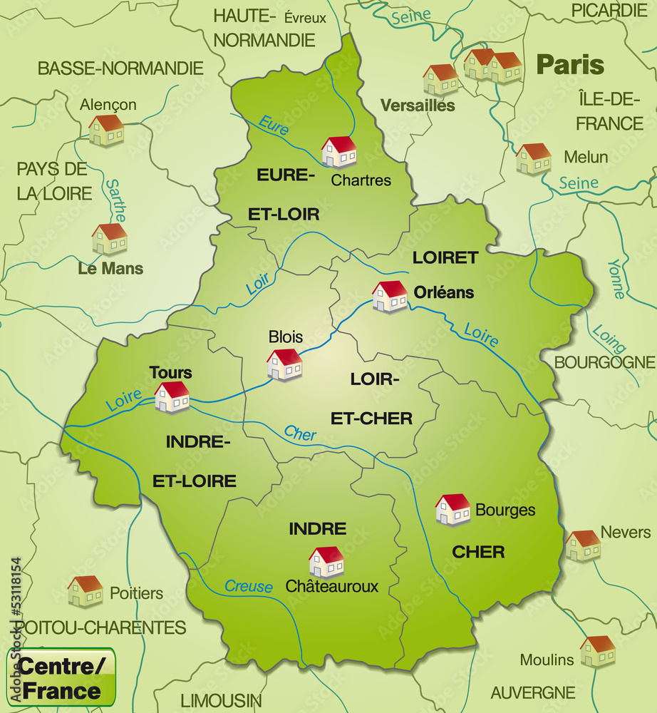 Karte der Region Centre mit Departements Stock-Vektorgrafik | Adobe Stock