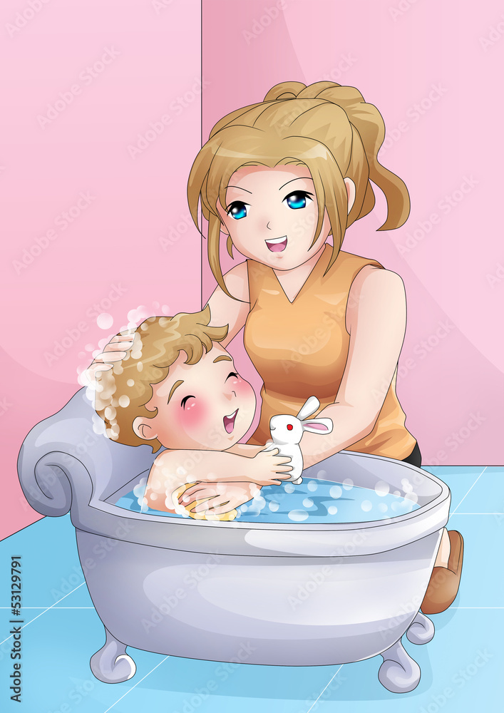 Cartoon illustration of a mother bathing her child Stock Illustration ...