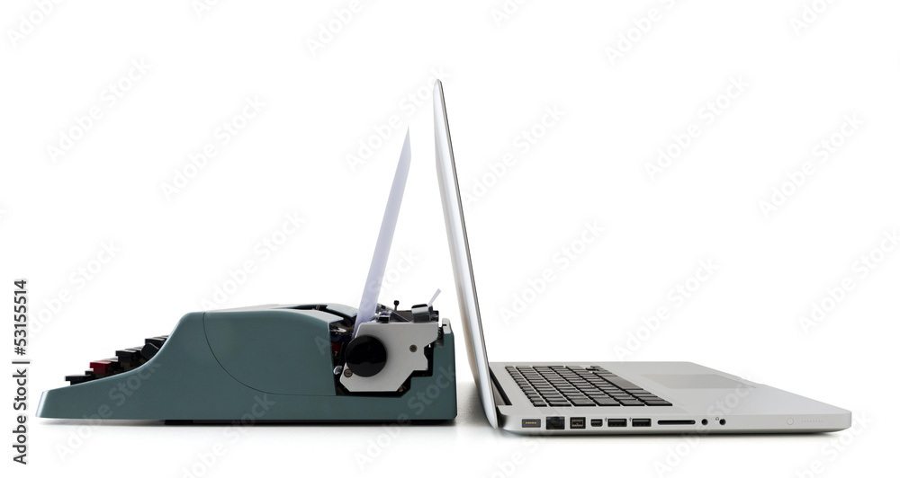 contemporary laptop vs old typewriter Stock Photo | Adobe Stock