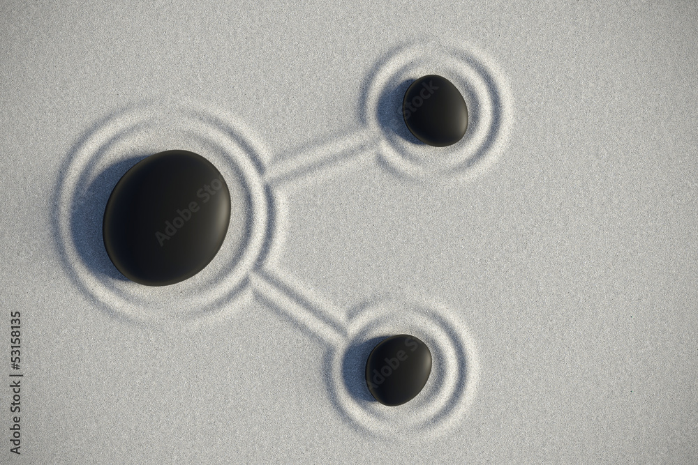 Zen garden in a top view with stones connected by sand drawings Stock ...