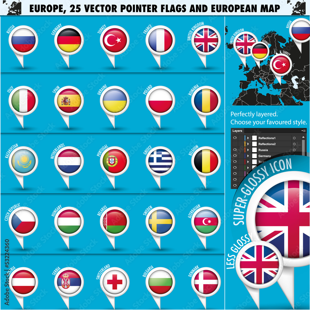 European Icons Round Indicator Flags and Map Set1 Stock Vector | Adobe ...