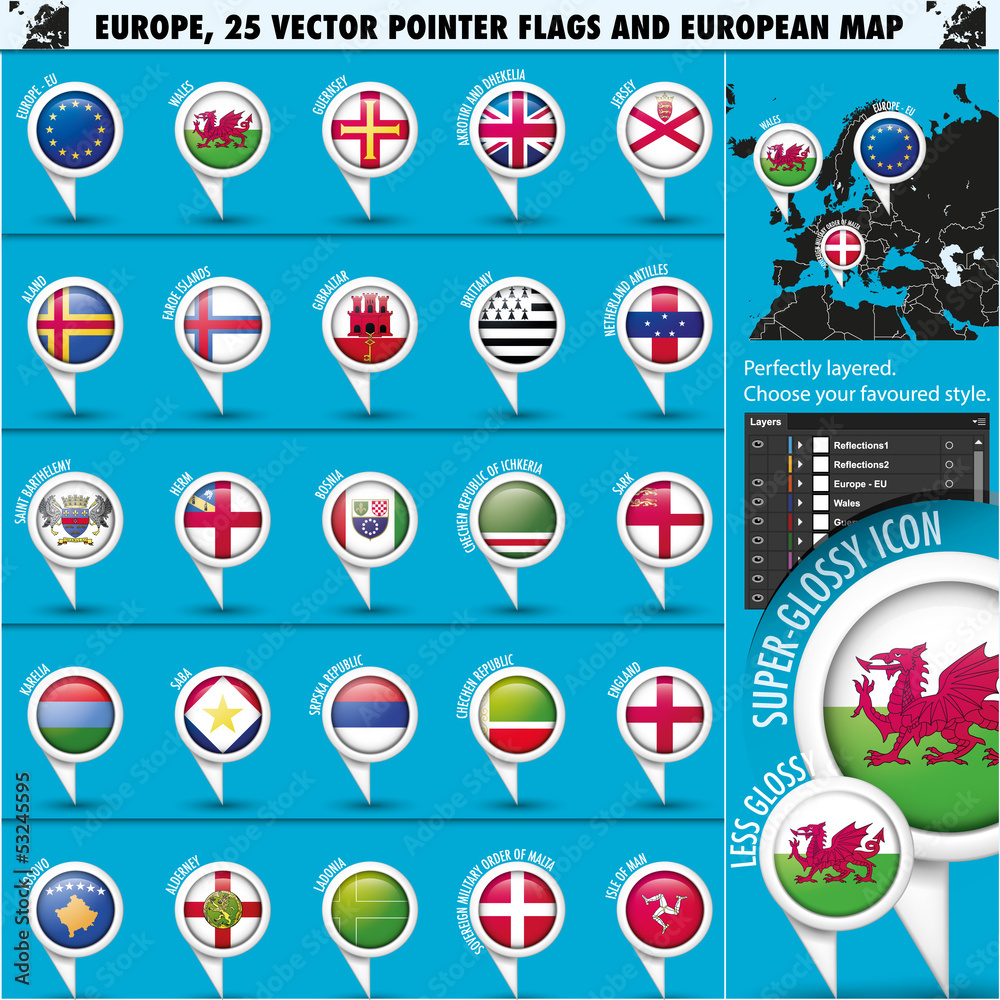 European Icons Round Indicator Flags and Map Set3. Stock Vector | Adobe ...