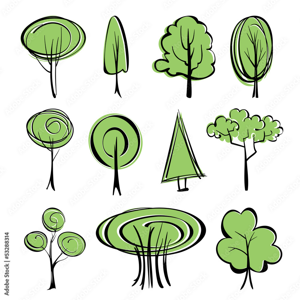 abstract trees sketch collection cartoon vector illustration Stock ...