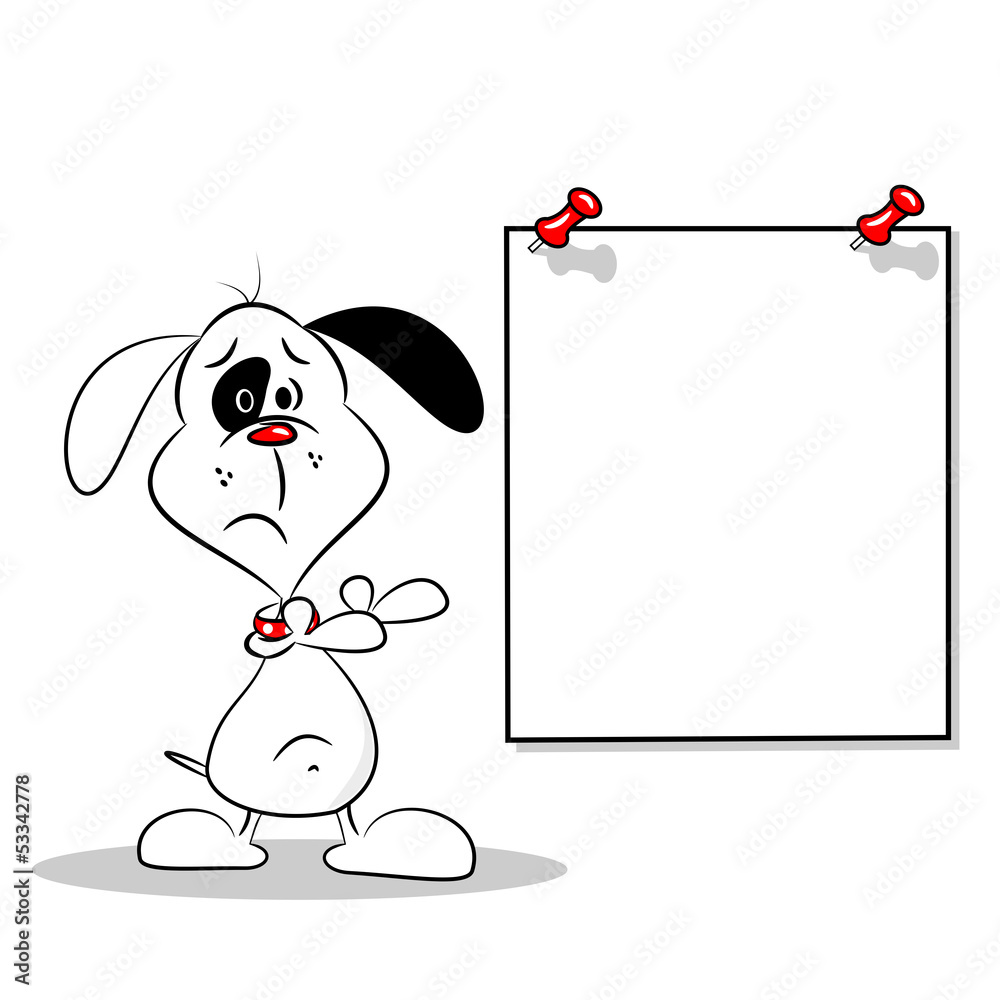 A sad cartoon dog pointing to a blank poster with copy space Stock ...