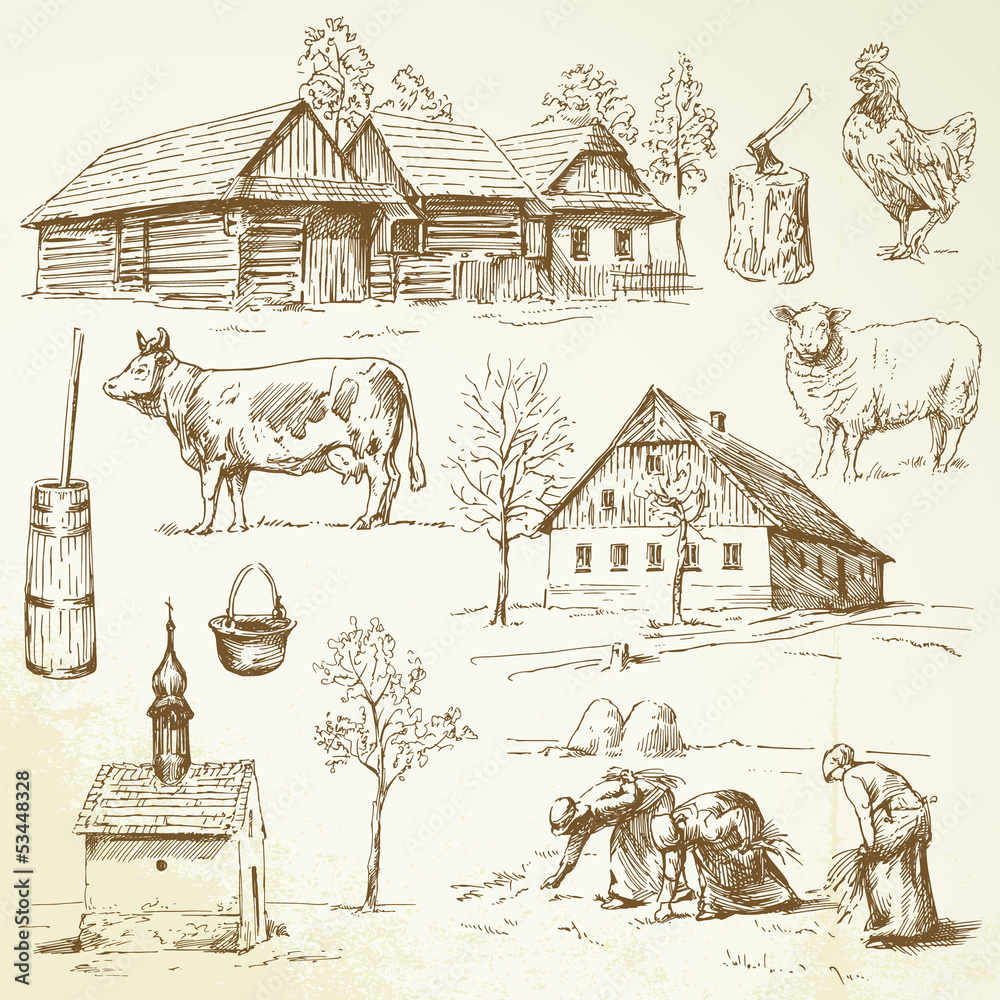 farm, rural houses - hand drawn collection Stock Vector | Adobe Stock
