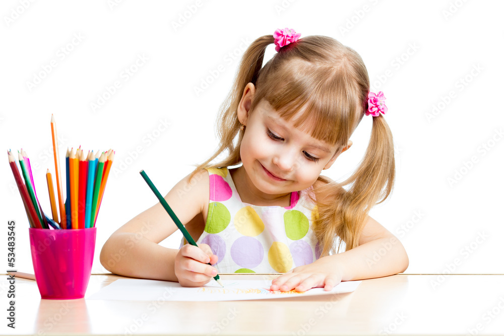 child girl drawing with colourful pencils Stock Photo | Adobe Stock