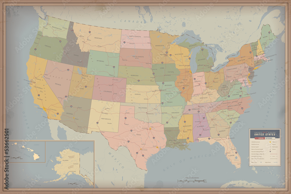 Highly Detailed Map of United States. Highway and Population Map Stock ...