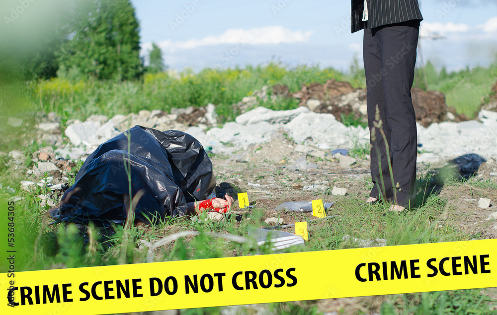 Crime scene with corpse and evidence Stock Photo | Adobe Stock