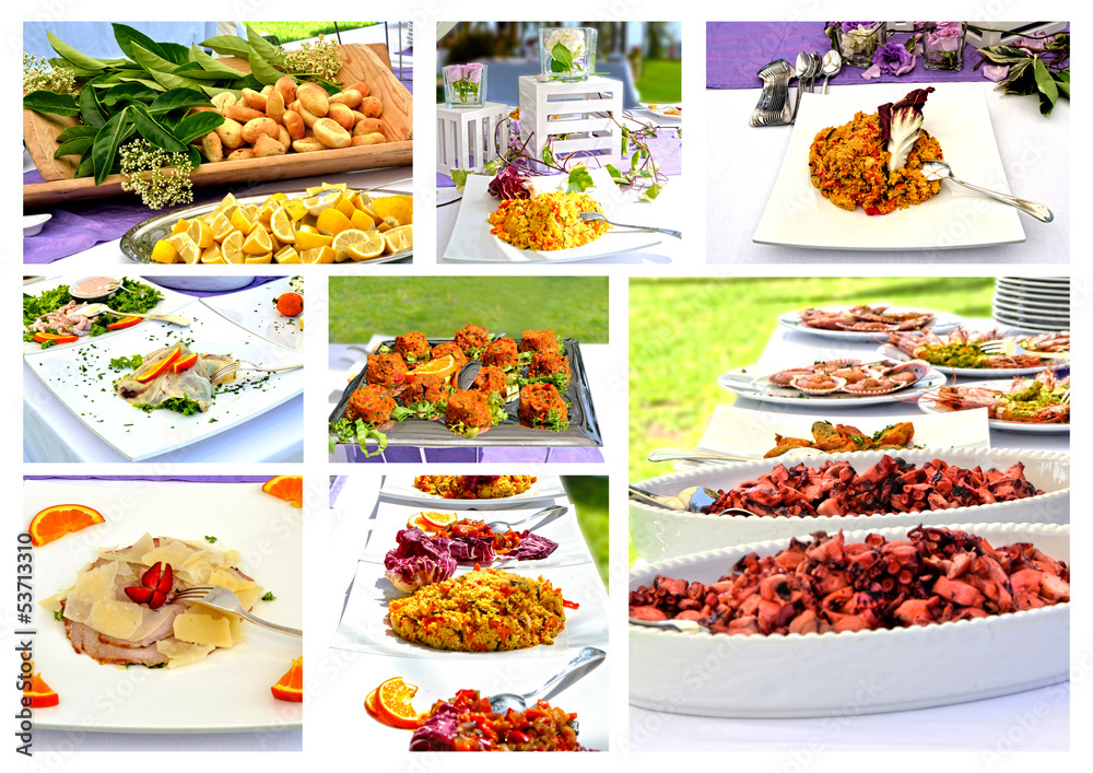 Collage Menu - rich banquet with several courses of appetizers Stock ...