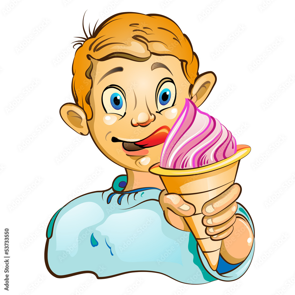 Cartoon little boy eating strawberry ice cream Stock Vector | Adobe Stock