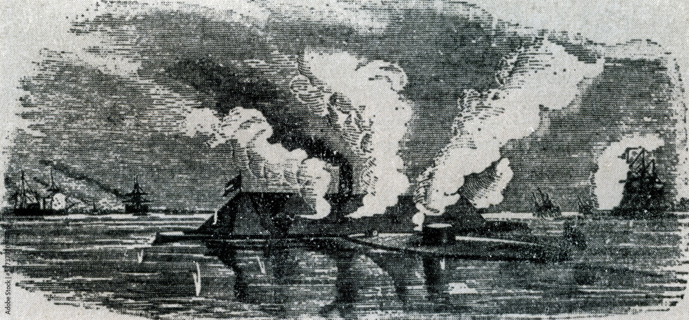 The first battle between ironclads (Virginia vs. Monitor, 1862) Stock ...