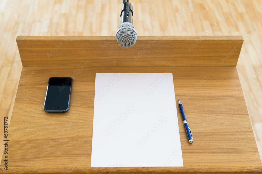 Speech podium with a microphone. First person view Stock Photo | Adobe ...