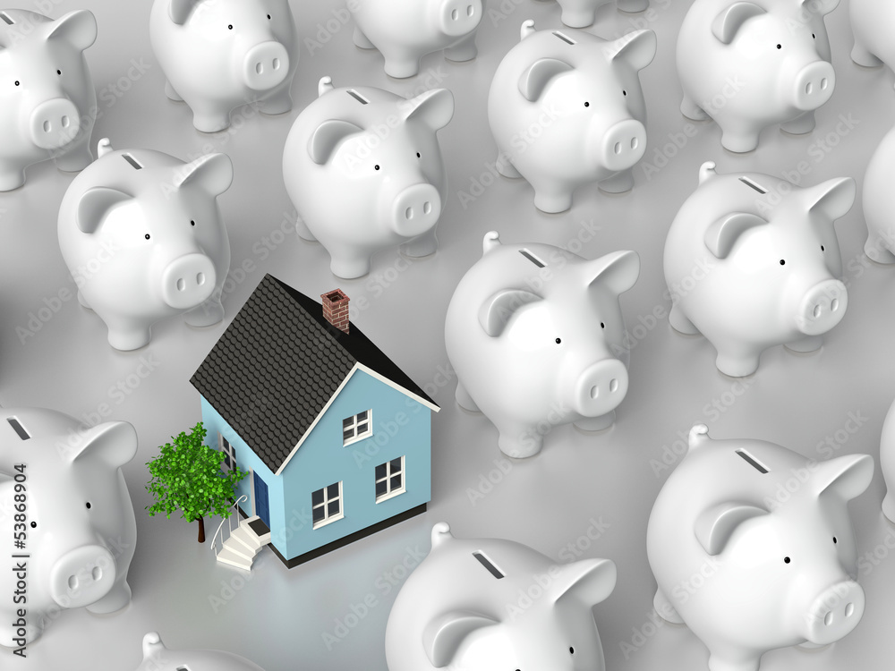 Piggy bank - grid with blue house Stock Illustration | Adobe Stock