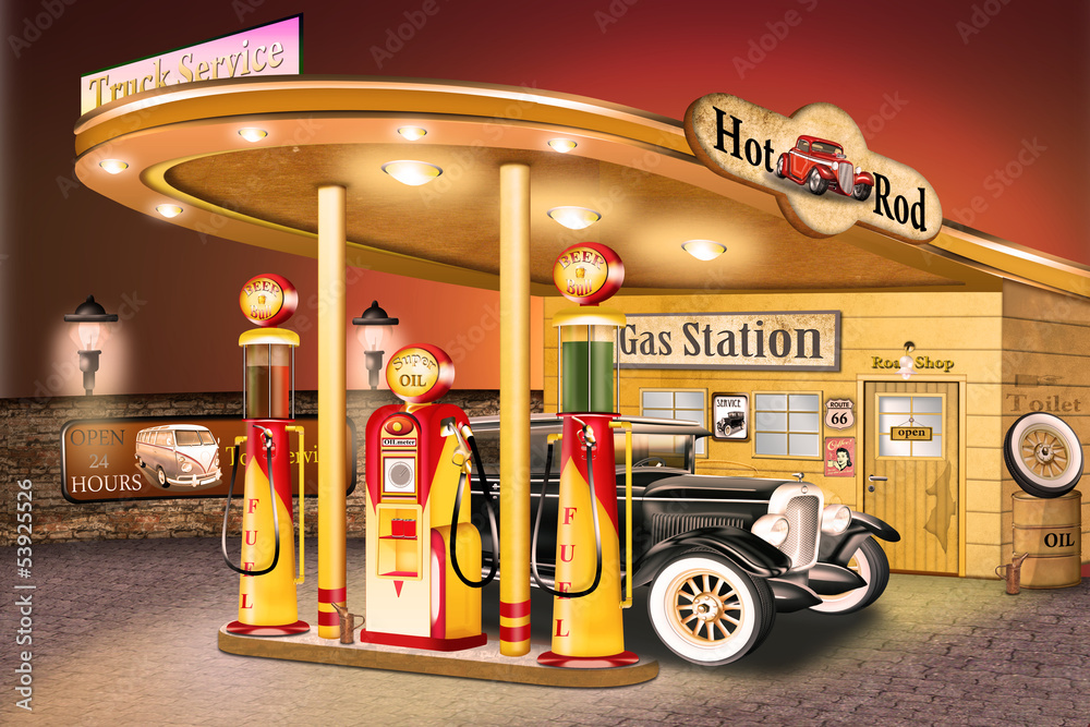 Oldtimer an Tankstelle Stock-Illustration | Adobe Stock