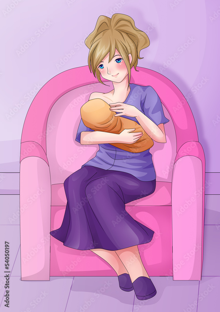 Cartoon illustration of a mother breastfeeding her baby Stock ...