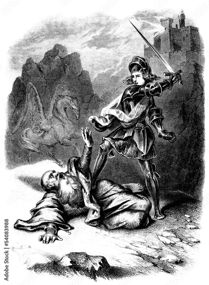 Knight killing a Black Magician - 15th century Stock Illustration ...