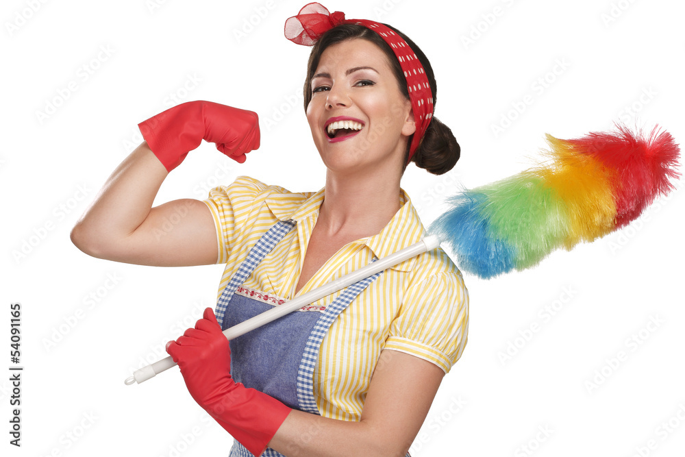 young happy beautiful woman maid dusting on white Stock Photo | Adobe Stock
