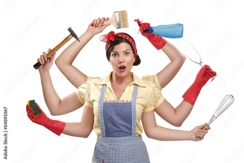 pretty very busy multitasking housewife on white Stock Photo | Adobe Stock