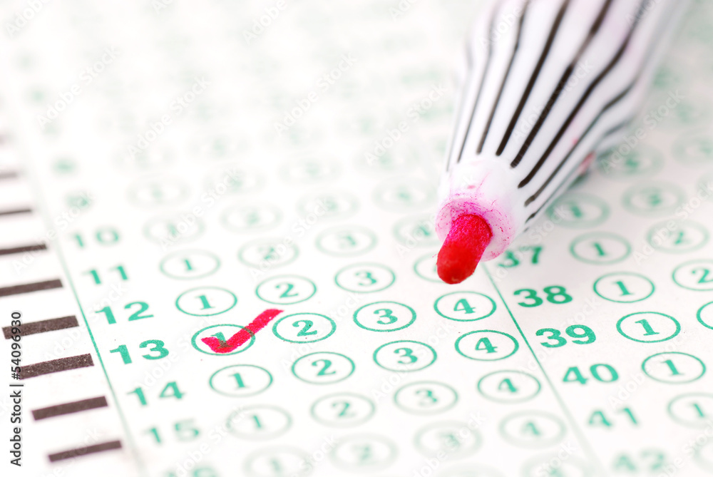 red pen check at choice No.1 on blank test sheet close up Stock Photo ...