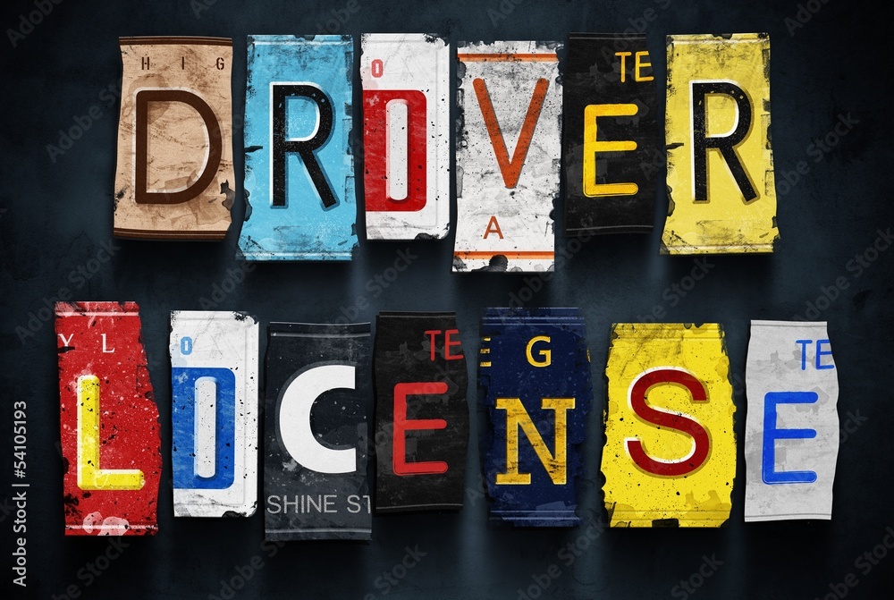 Driver license word on vintage car number plates, concept sign Stock ...