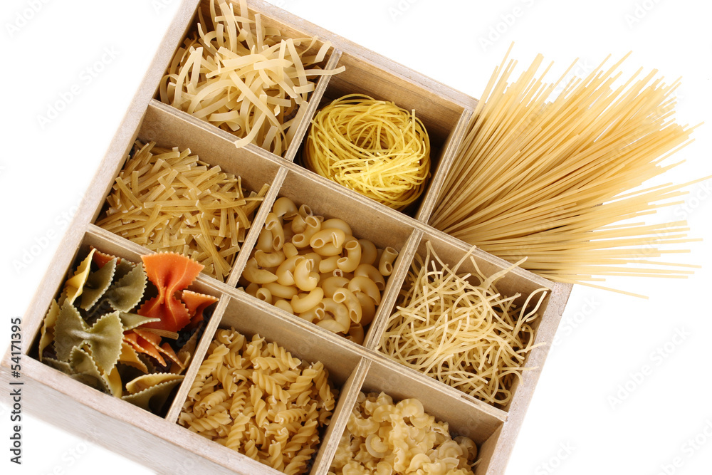 Nine types of pasta in wooden box sections isolated on white Stock ...