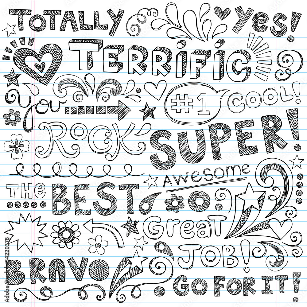 Good Work Super Student Praise Phrases Back to School Doodles Stock ...