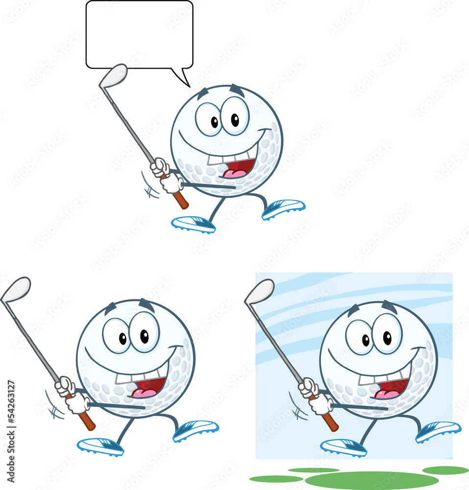 Golf Ball Cartoon Character Swinging A Golf Club.Collection Stock ...