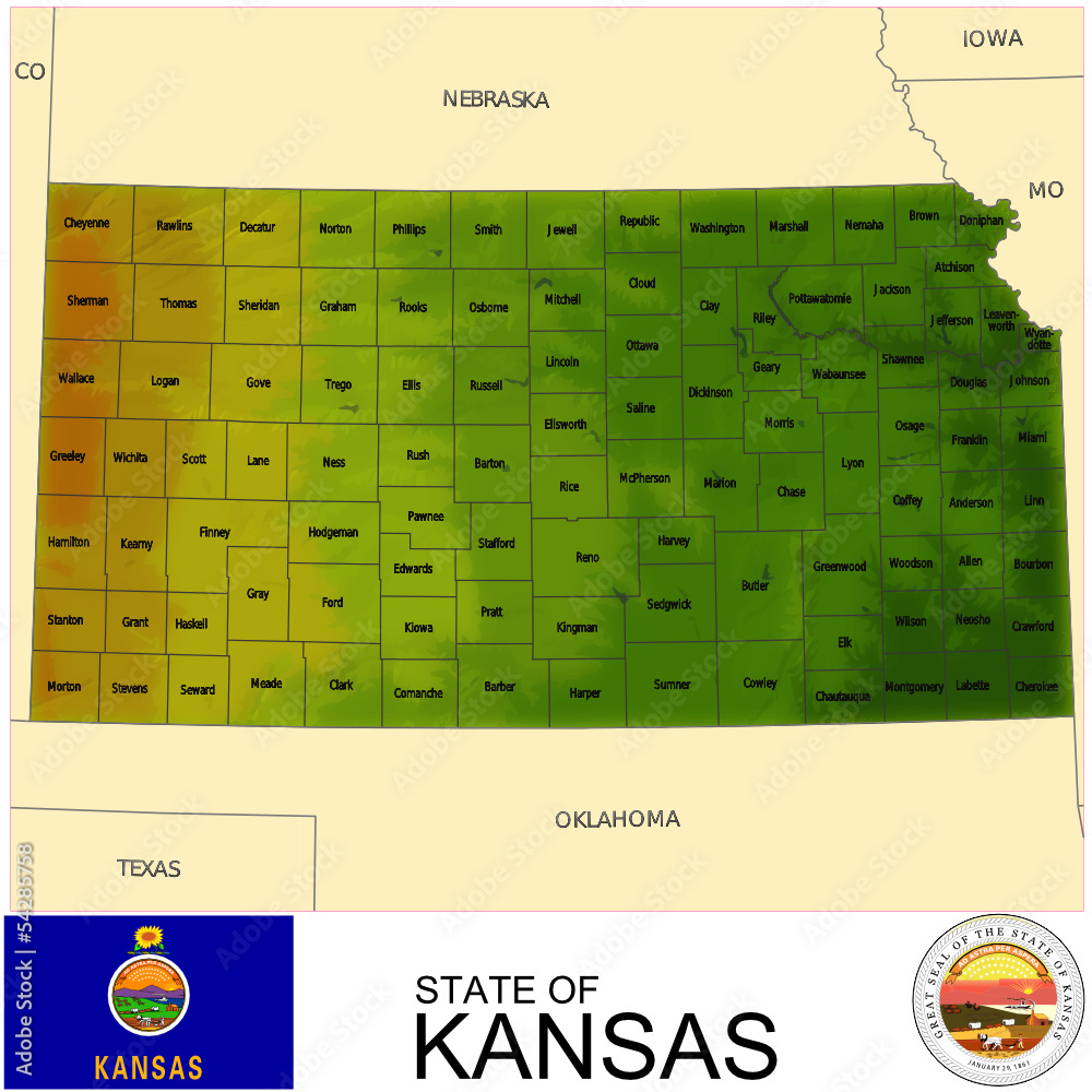Kansas USA counties name location map background Stock Vector | Adobe Stock