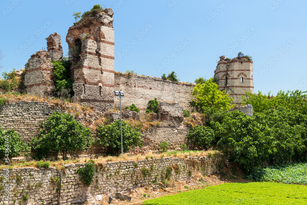 Ruins of famous ancient walls of Constantinople in Istanbul, Turkey ...