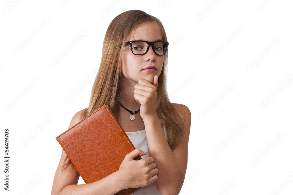 chica con libro aislada en blanco foto de Stock | Adobe Stock