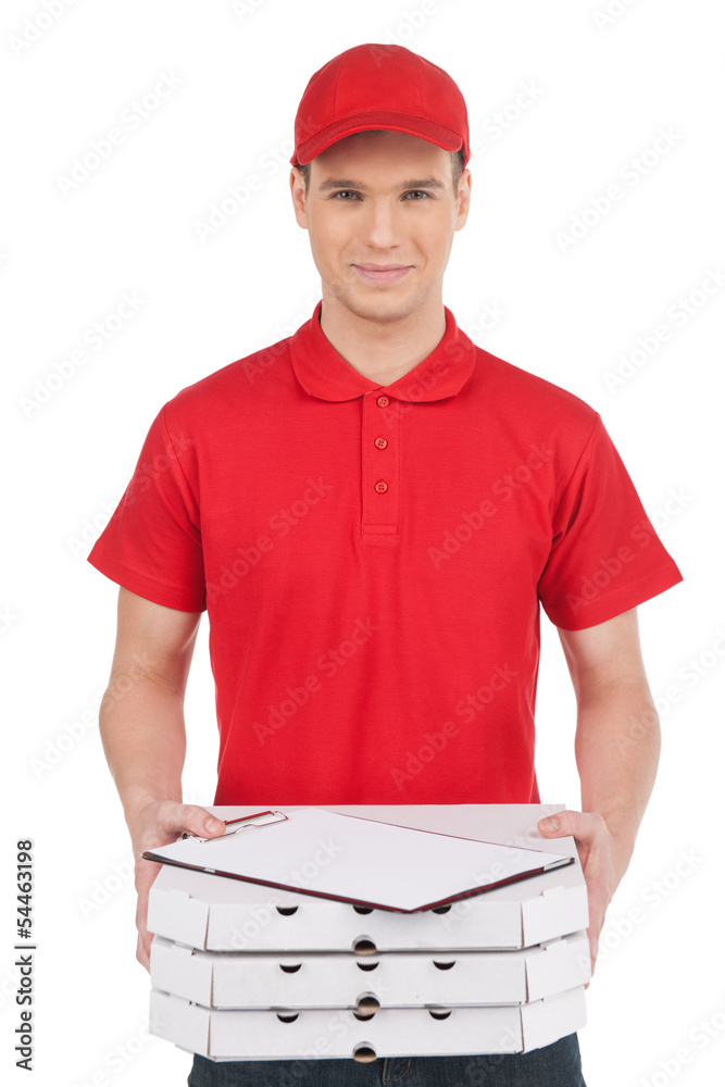 Pizza man with a stack of pizza boxes. Front view of young cheer Stock ...