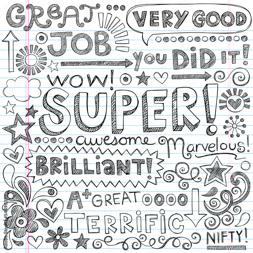 Good Work Super Student Praise Phrases Back to School Doodles Stock ...