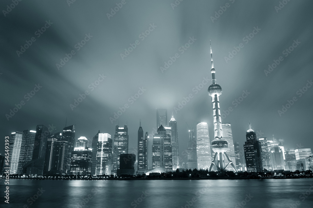 Shanghai skyline at night in black and white Stock Photo | Adobe Stock