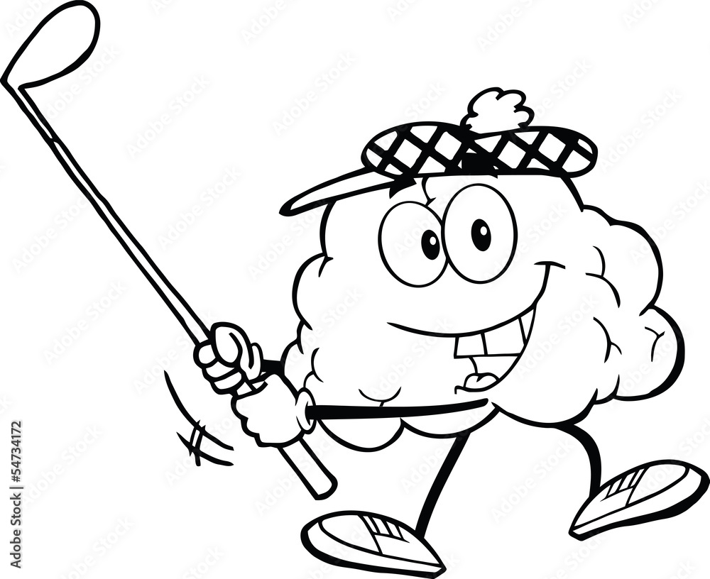 Outlined Smiling Brain Cartoon Character Swinging A Golf Club Stock ...