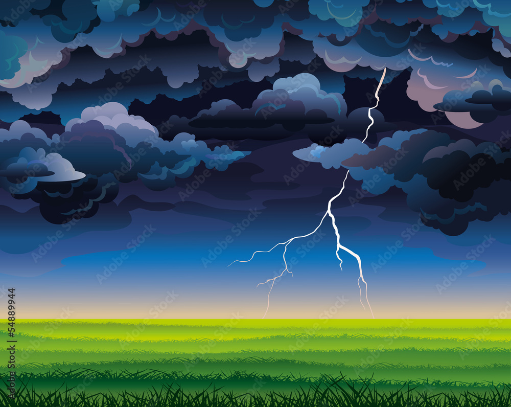 Stormy sky with lightning and green field Stock Vector | Adobe Stock