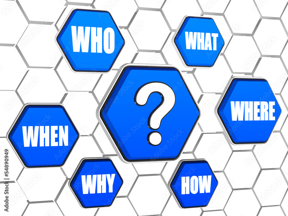 question-mark and question words in blue hexagons Stock Illustration ...