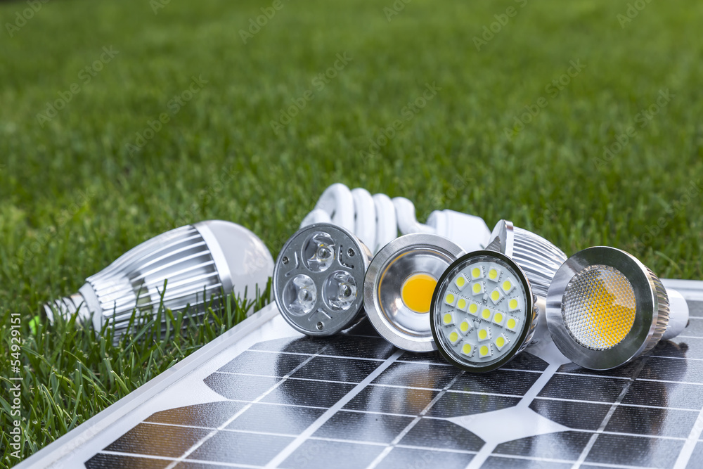 various LED lamps on photovoltaic cells and CFL in the grass Stock ...