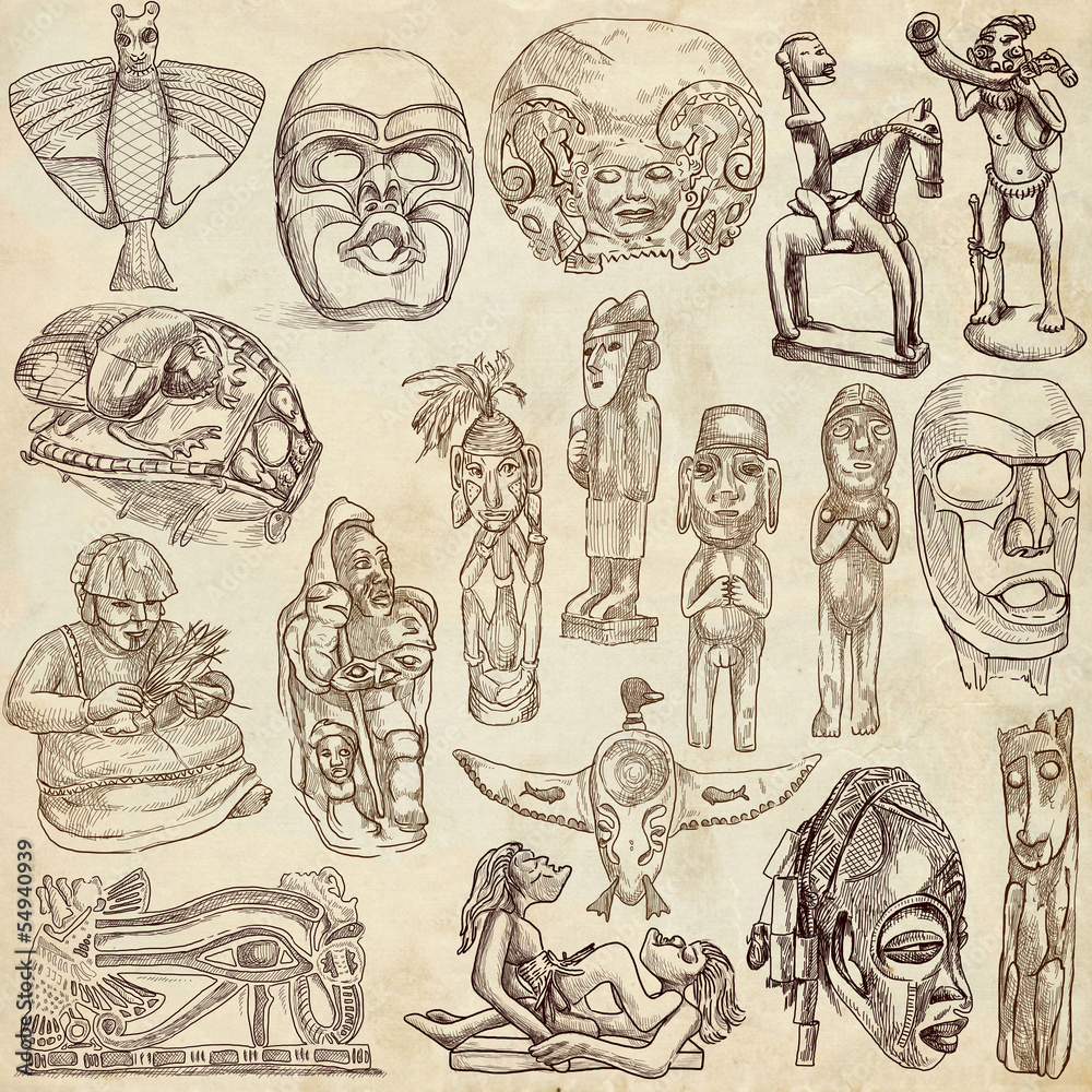 Native and old art around the world - drawings on old paper Stock ...