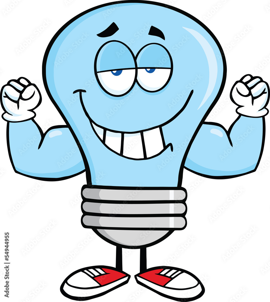Smiling Blue Light Bulb Cartoon Character With Muscle Arms Stock Vector ...